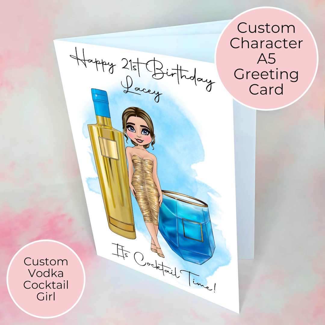 Personalized Vodka Cocktail Birthday Card, Custom Character A5 Greeting ...
