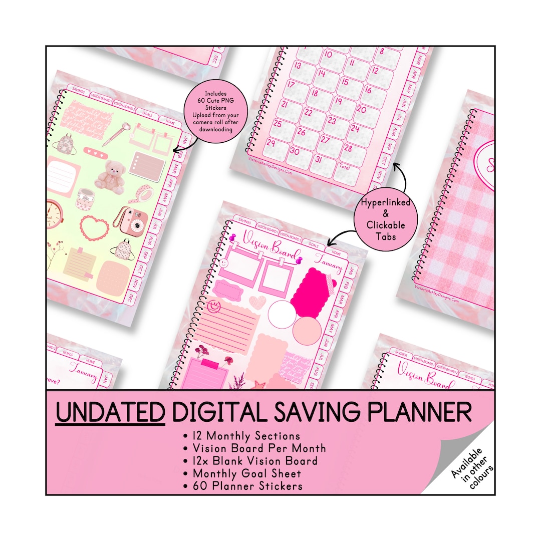 Pink Theme UNDATED Saving Planner, Daily Monthly Saving Goal Planner With Vision Board Goals ...