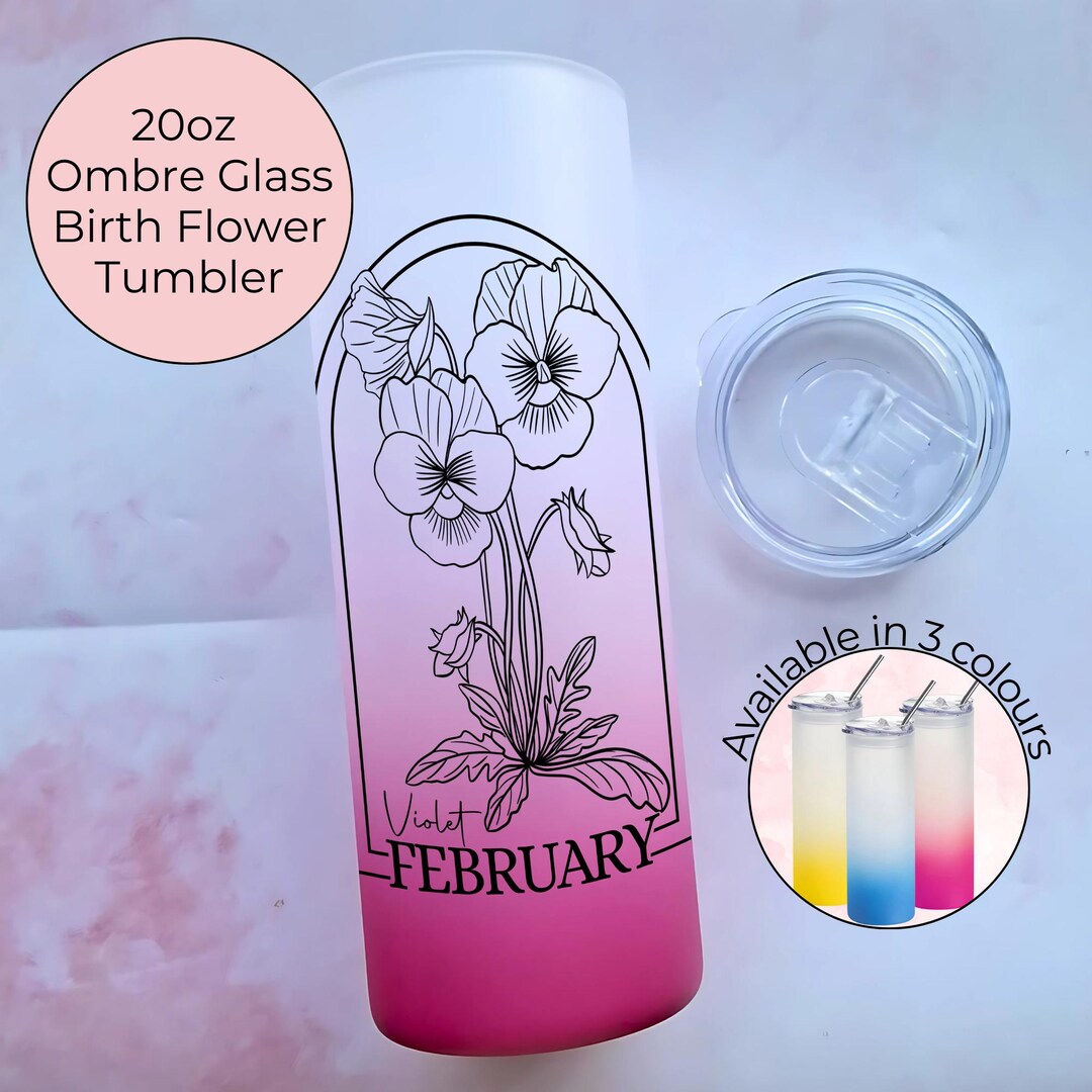 February Birth Flower Gift for Her, 20oz Pink Yellow Blue Ombre Glass ...