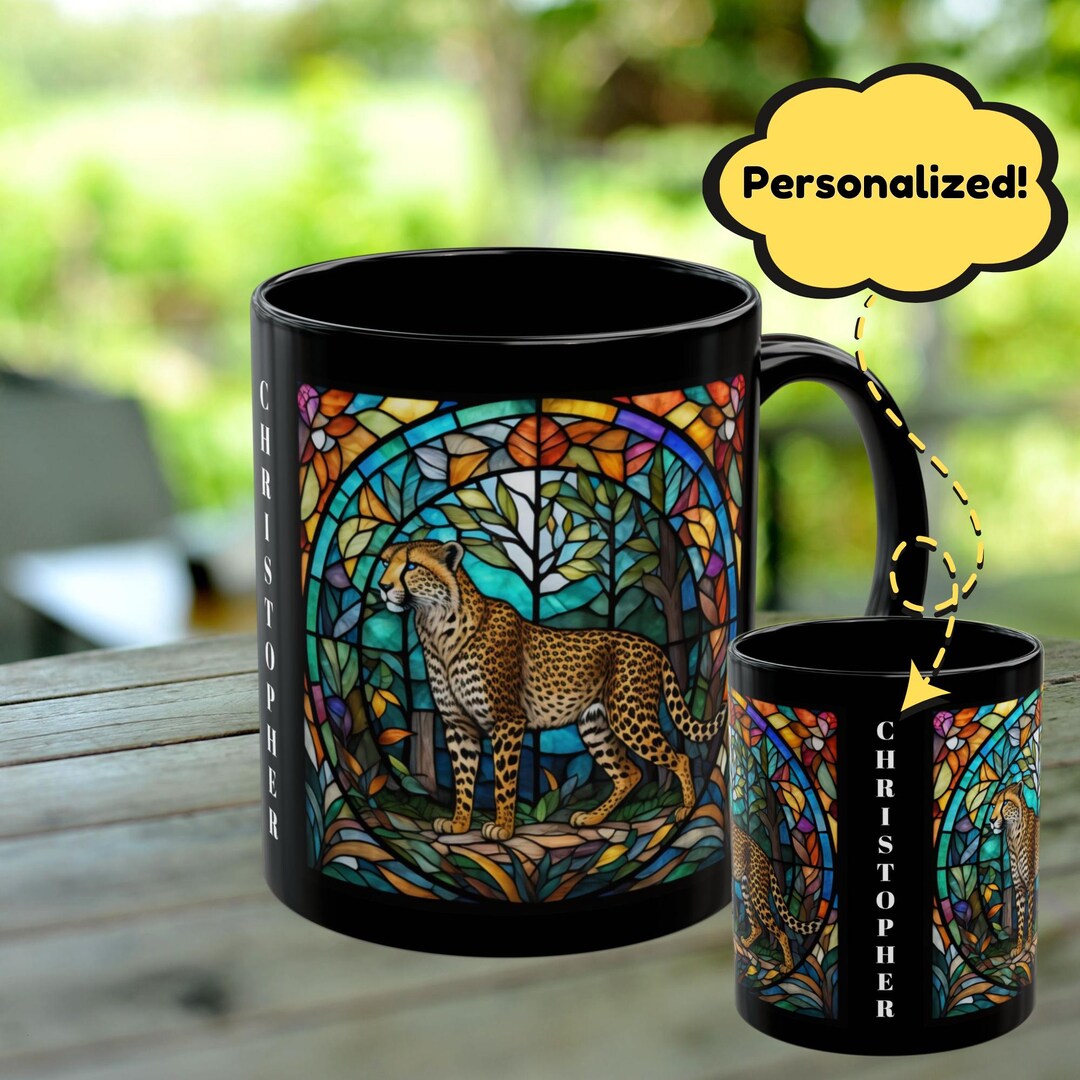 Cheetah Personalized Mug - Stained Glass Zoo Animal Coffee Cup - Unique ...