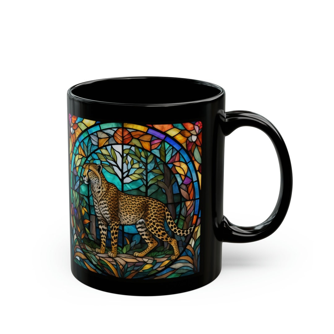 Cheetah Stained Glass Zoo Animals Mug Unique Ceramic Black Mug ...