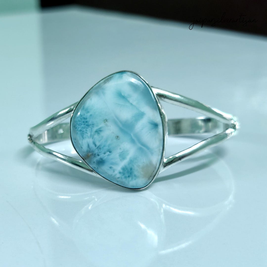 Unique Shaped Natural Larimar Bangle, Sterling Silver Bracelet ...