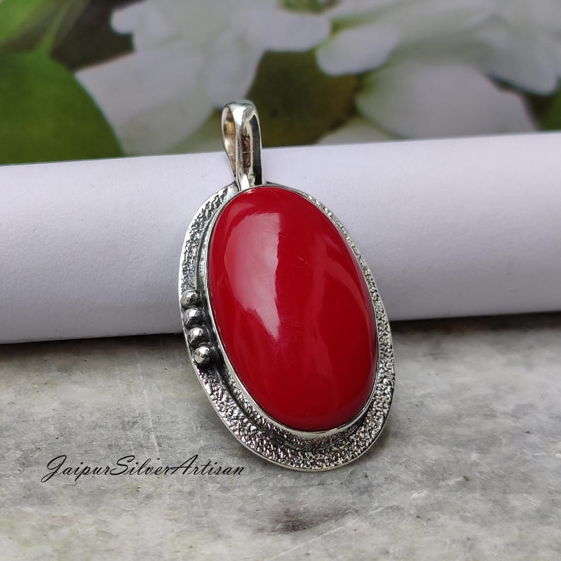 Handmade Red Coral Pendant: 925 Sterling Silver Gemstone Necklace - Etsy