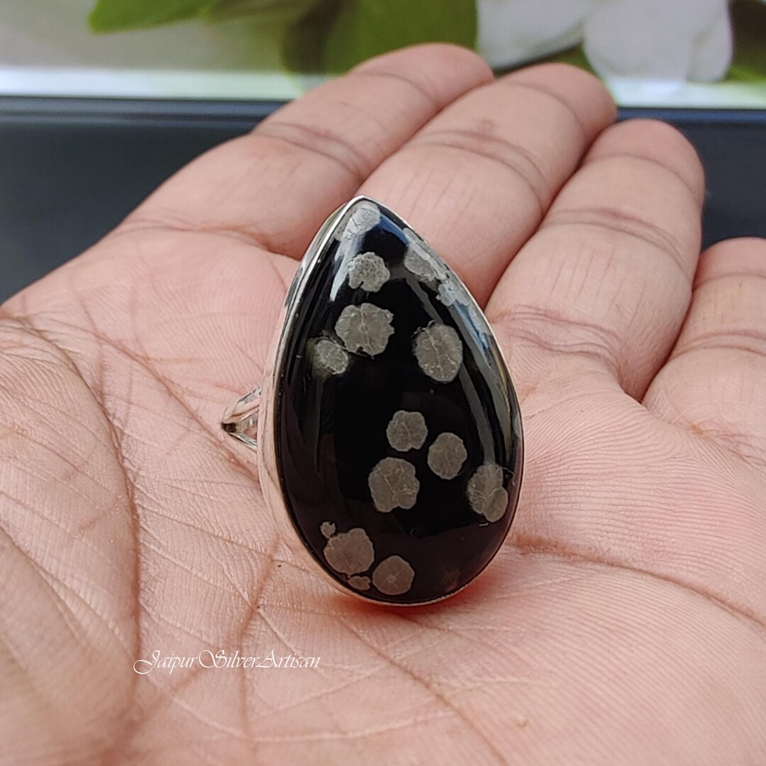 Snowflake Obsidian Ring, Sterling Silver Ring, Genuine Gemstone, Bohemian Ring, Handmade Silver ...