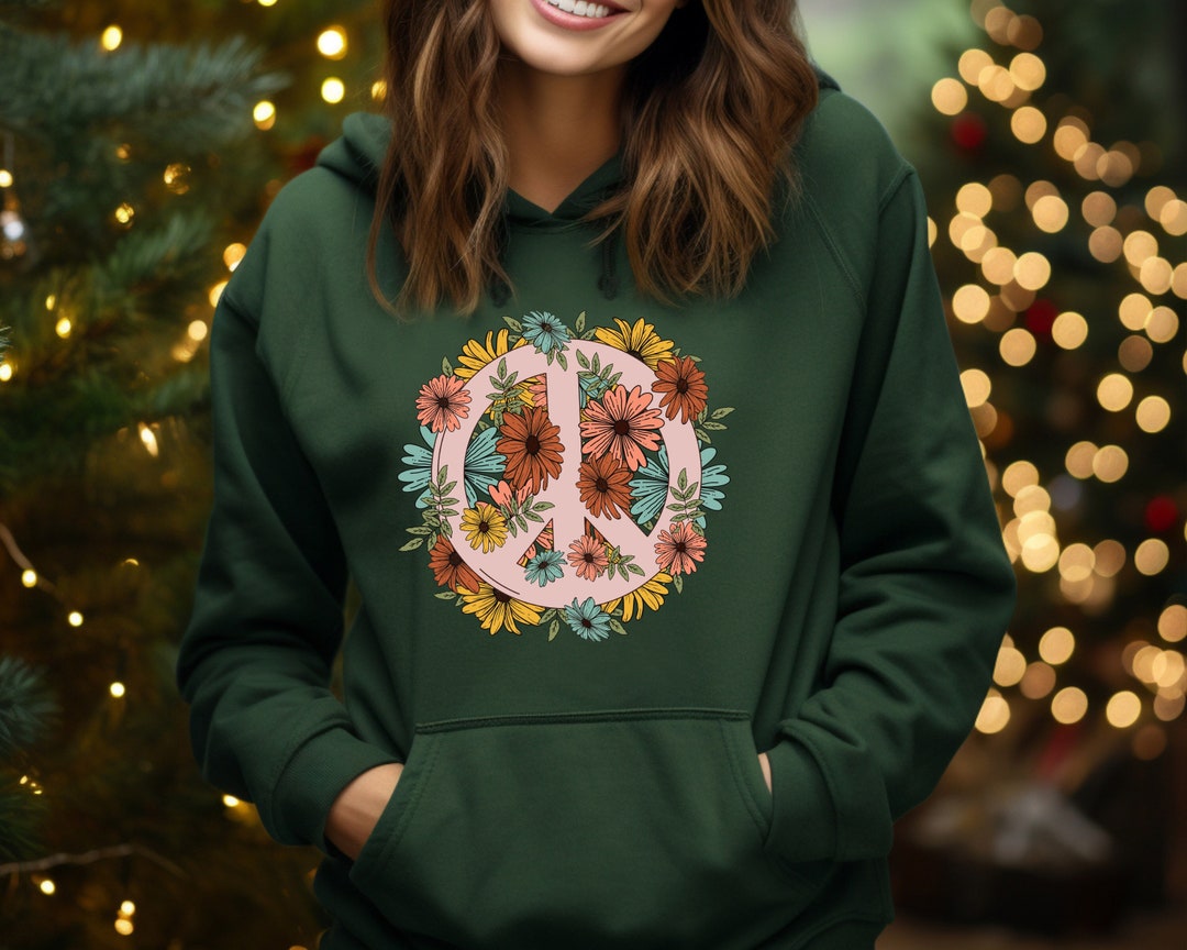 Hippie Peace Sign Hoodie, Boho Peace Oversized Hoodie, Floral Peace ...