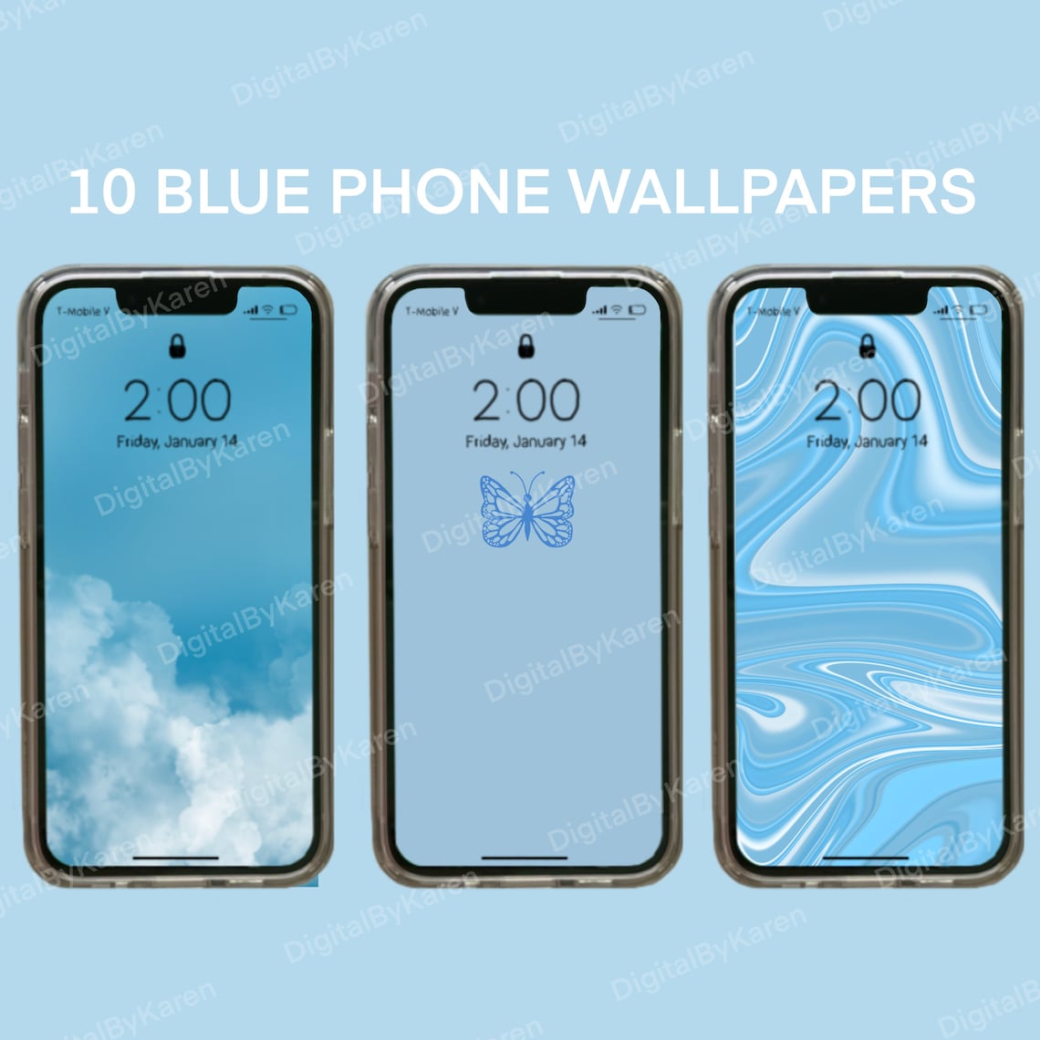 10 Aesthetic Blue iPhone Wallpapers Digital Download, Cute Pastel ...