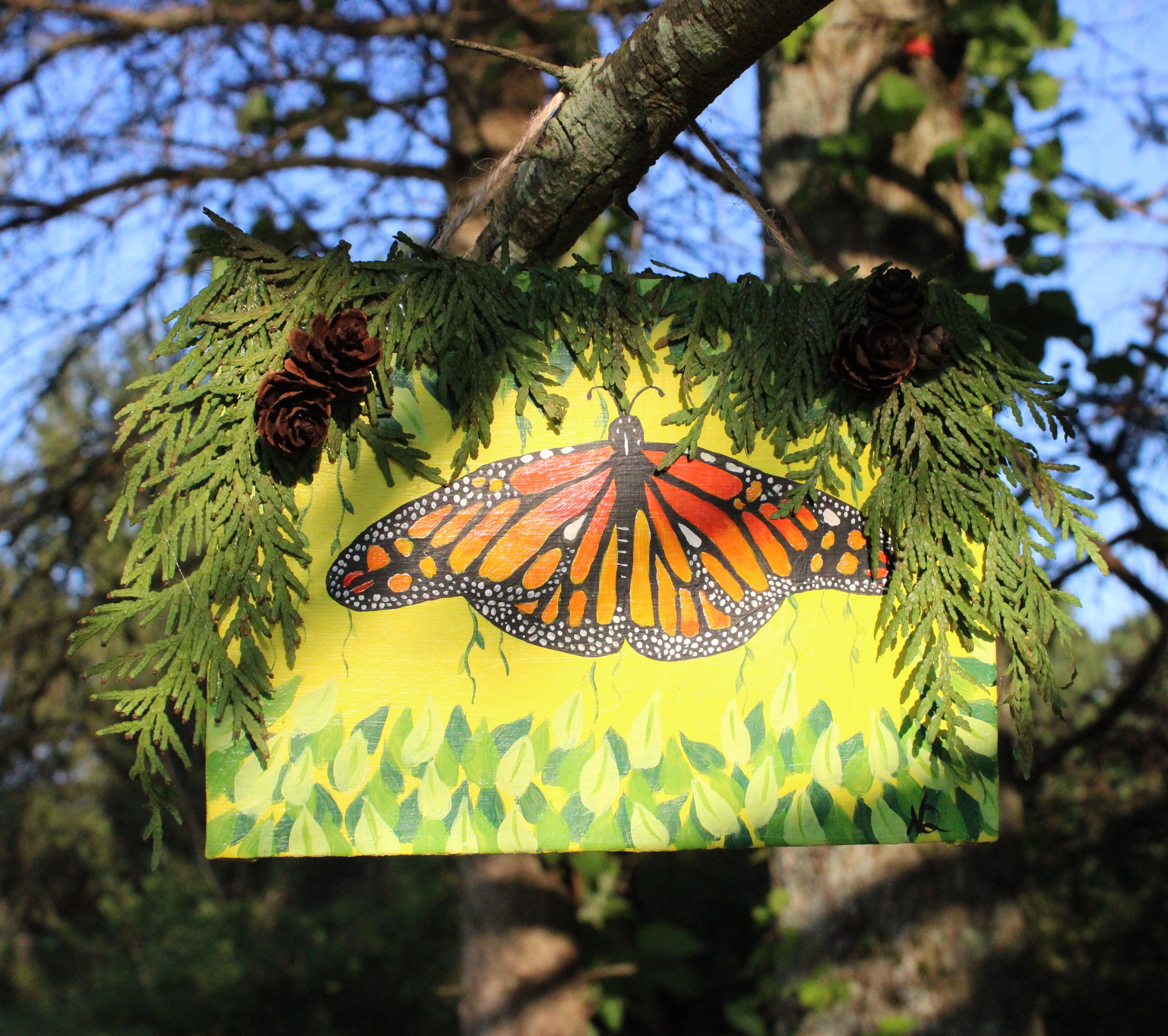 Monarch Butterfly Acrylic Painting With Real Cedar Sprigs & - Etsy