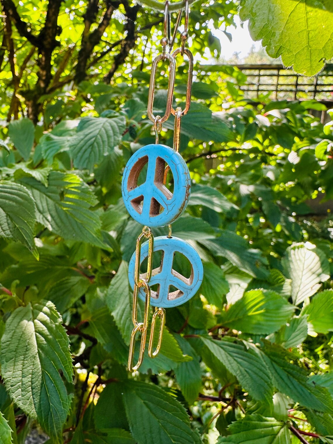 Turquoise Peace Sign Gold Paper Clip Chain Earrings Gold Paperclip ...