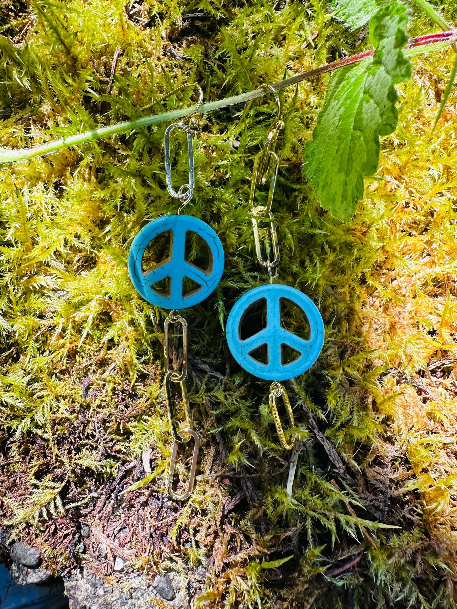 Turquoise Peace Sign Gold Paper Clip Chain Earrings Gold Paperclip ...