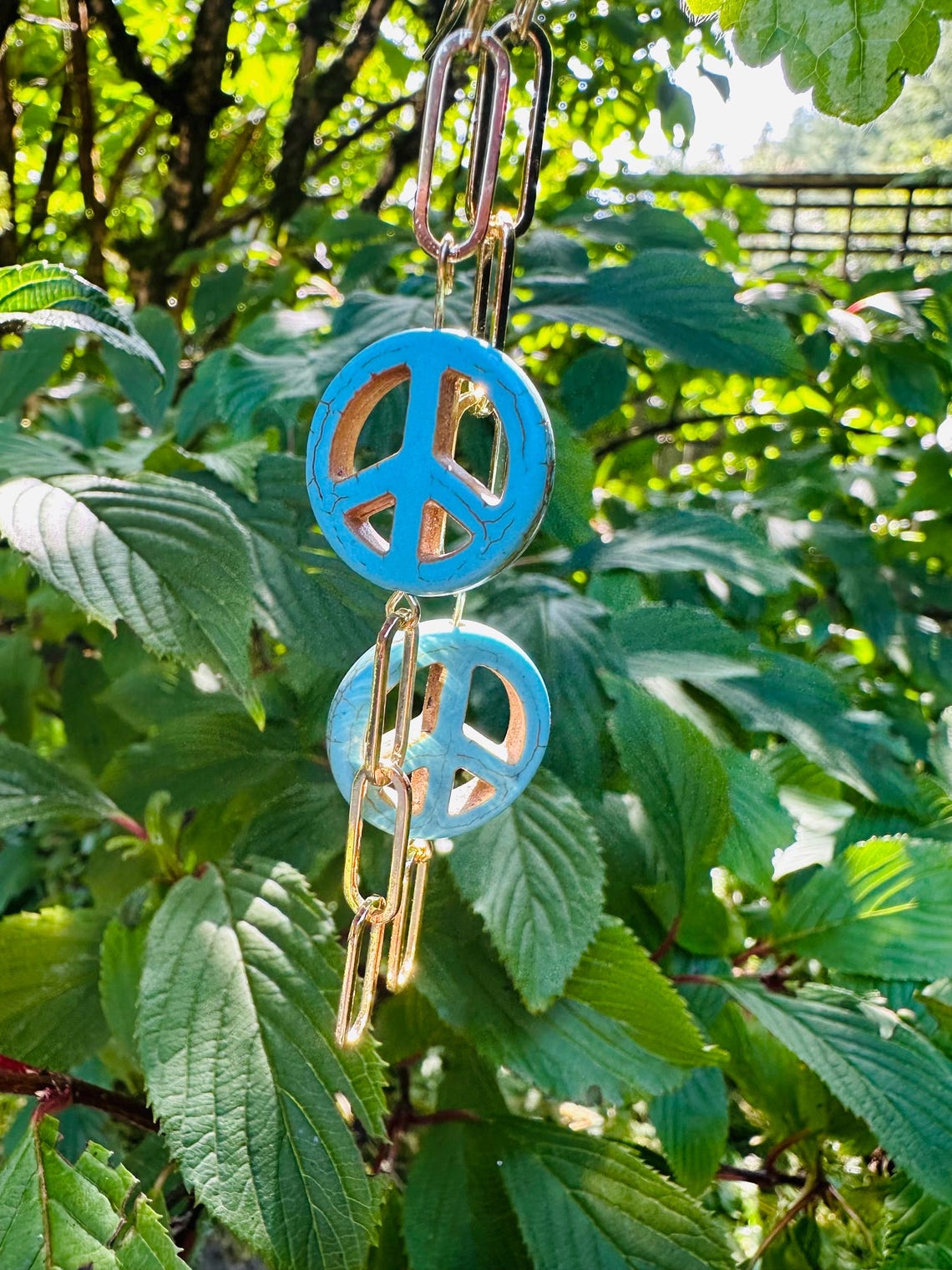 Turquoise Peace Sign Gold Paper Clip Chain Earrings Gold Paperclip ...
