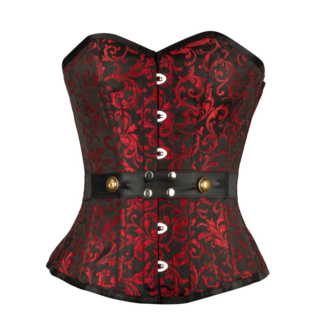 Corset Red Black Brocade & Leather Belt Gothic Burlesque - Etsy