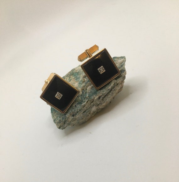 Vintage Cufflinks Swank 1/20 12k G.F Gold Square Onyx | Etsy