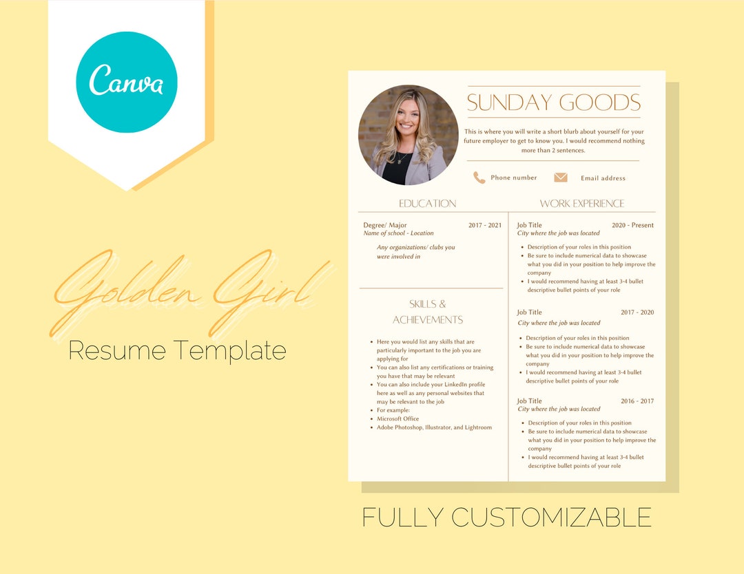 Golden Girl Resume Template Canva Template Instant Download Fully ...