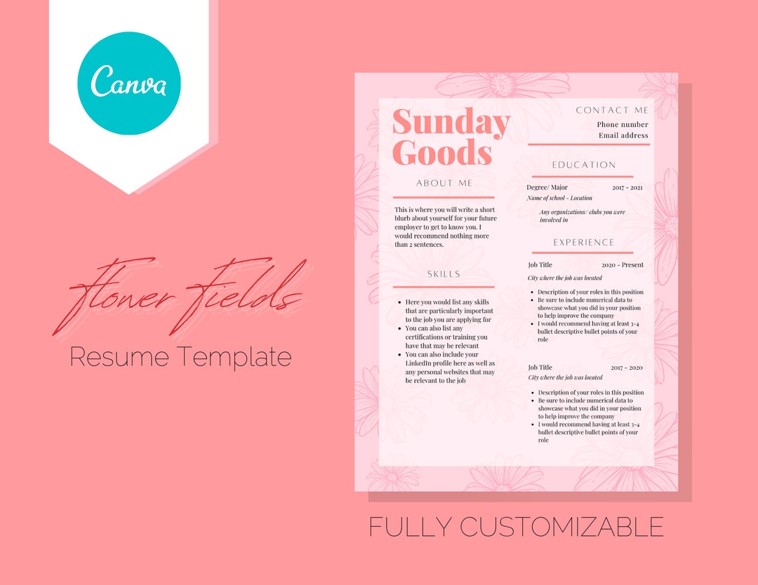 Flower Fields Resume Template Canva Template Instant Download Fully ...