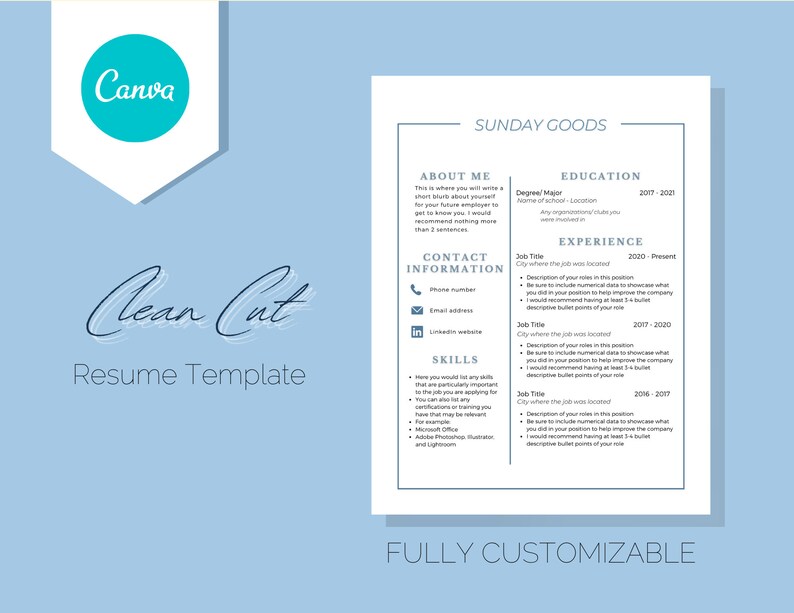 Clean Cut Resume Template Canva Template Instant Download Fully ...