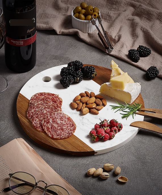 Marble Cheese Board With Acacia Accent 11 Round | Etsy