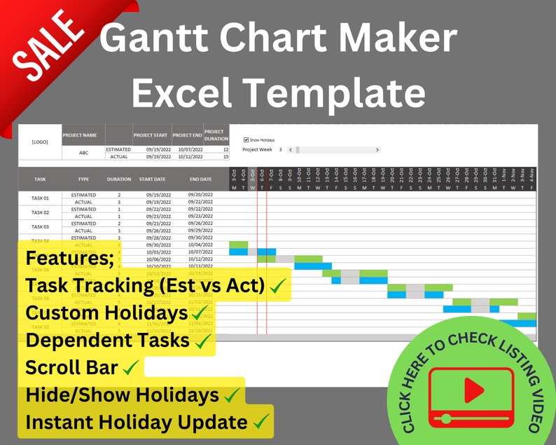 Gantt Chart Maker Excel Template With Task Tracking, Custom Holidays ...