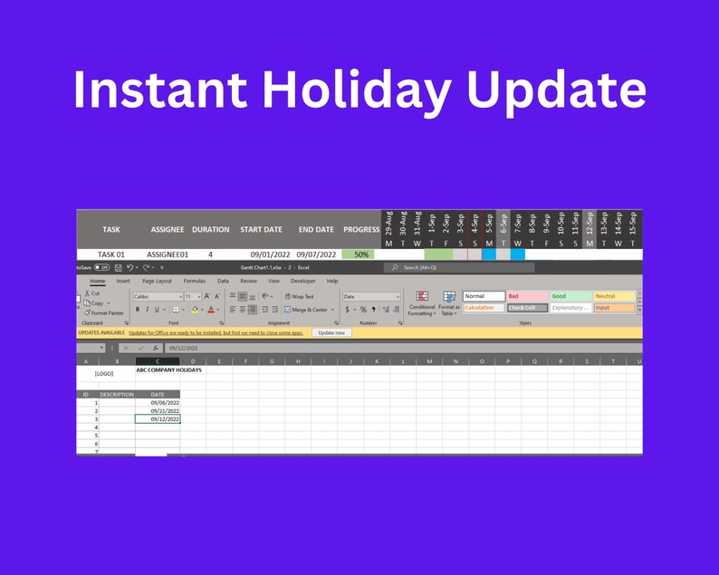 Gantt Chart Maker Excel Template With Task Progress, Custom Holidays & Dependent Tasks - Etsy
