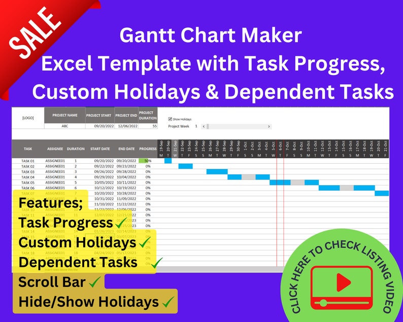 Gantt Chart Maker Excel Template With Task Progress, Custom Holidays & Dependent Tasks - Etsy