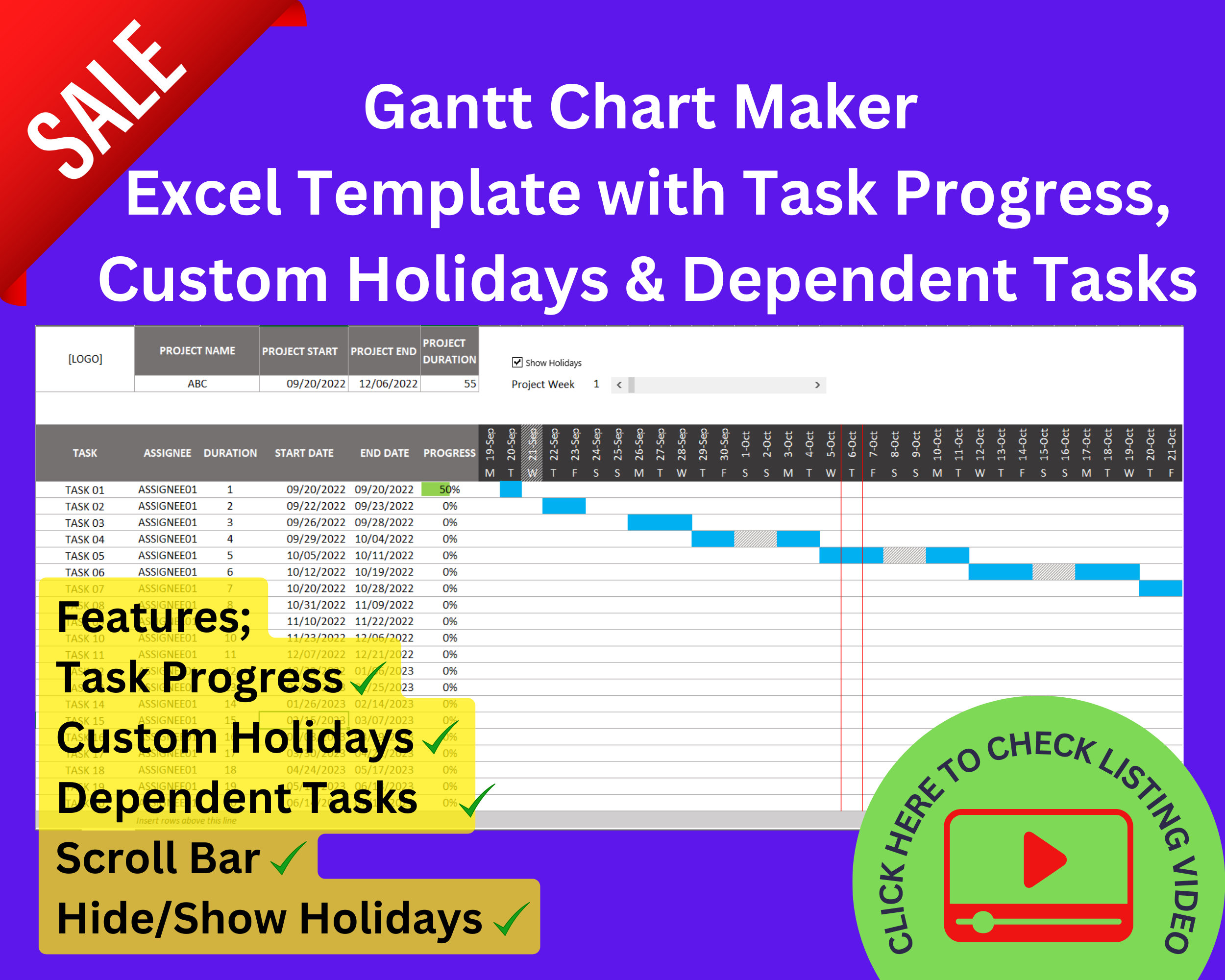 Gantt Chart Maker Excel Template With Task Progress, Custom Holidays ...