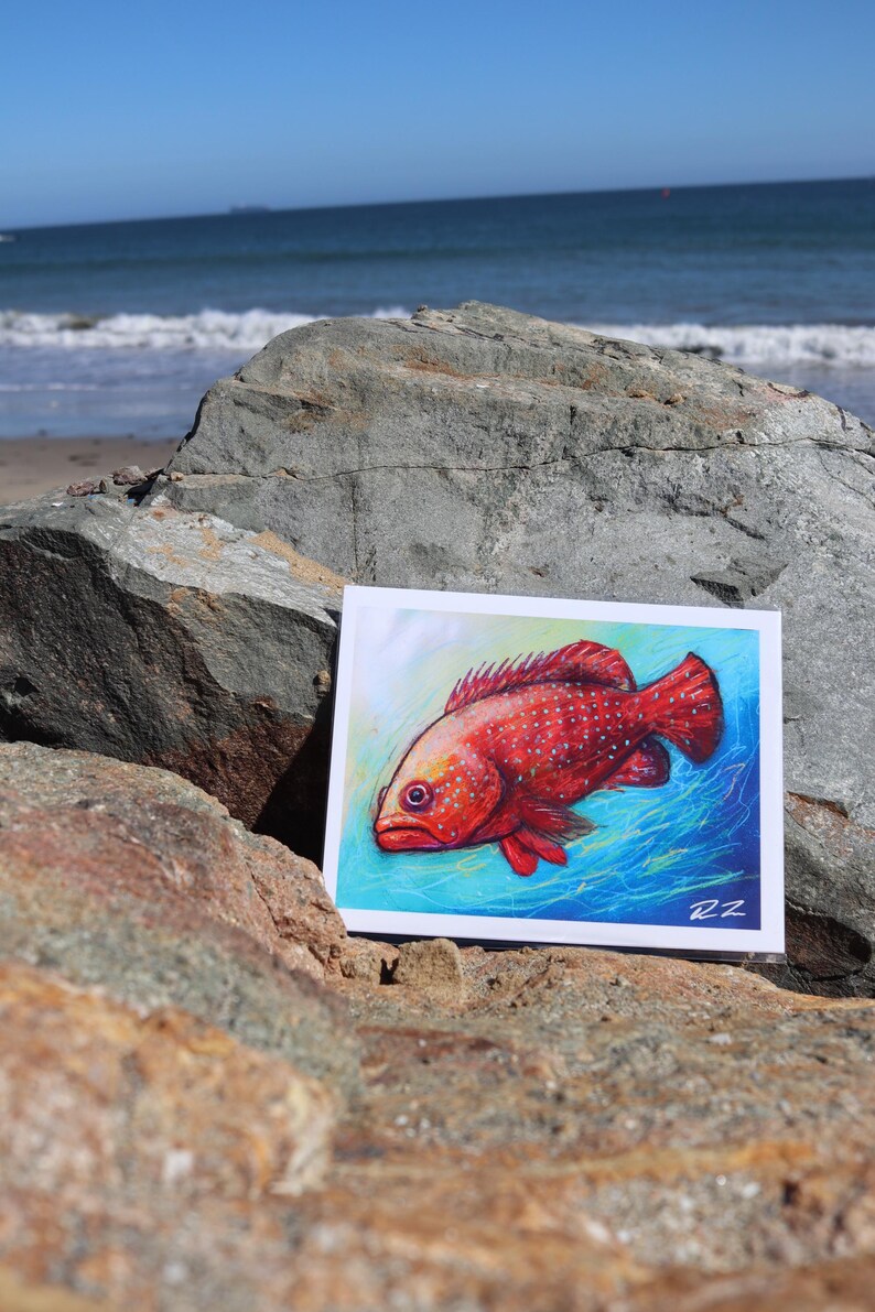 Red Mixed Media Fish Coral Grouper Fish Painting Oil Pastel Grouper ...