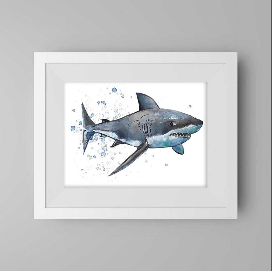 The Great White Shark Art Watercolor Shark Great White Acrylic Ink Ink ...