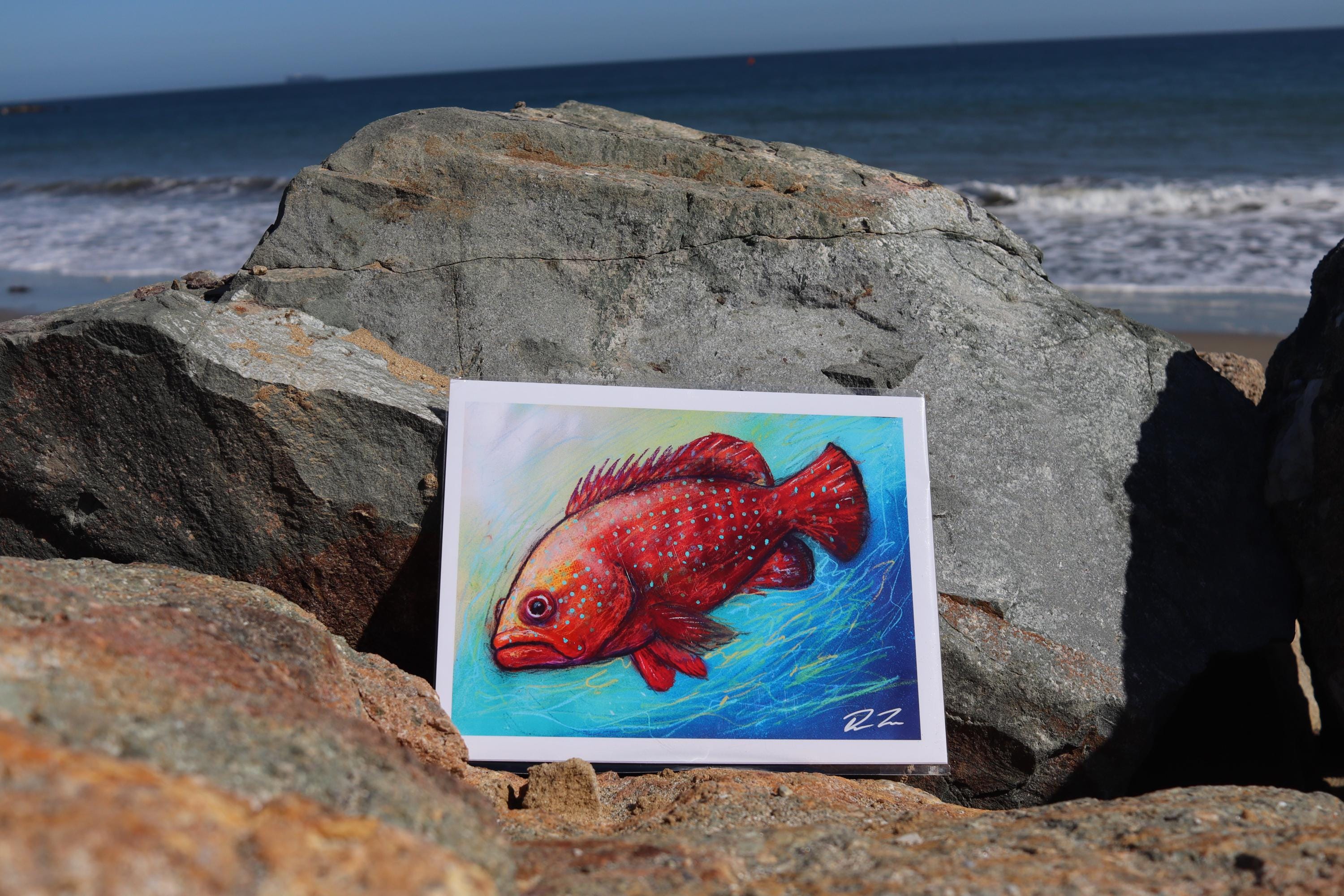 Red Mixed Media Fish Coral Grouper Fish Painting Oil Pastel Grouper ...
