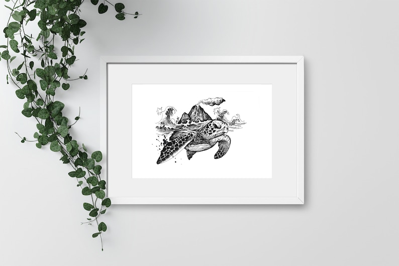Sea Turtle Ink Drawing for Home or Office Turtle Ink Print Wall Decor ...