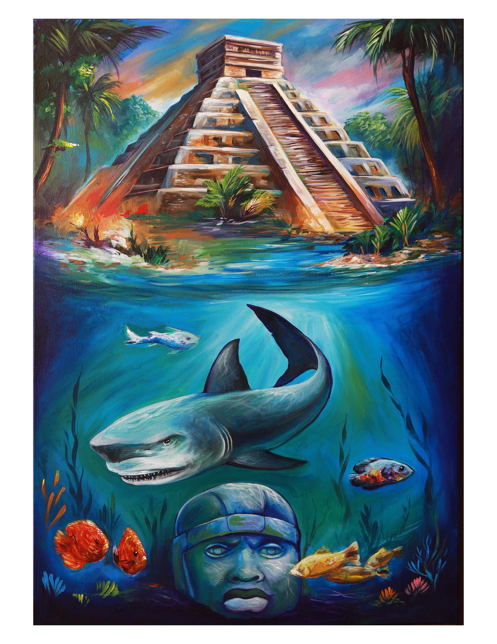 Aztec Pyramid Painting Beach Landscape Bull Shark Art Underwater ...