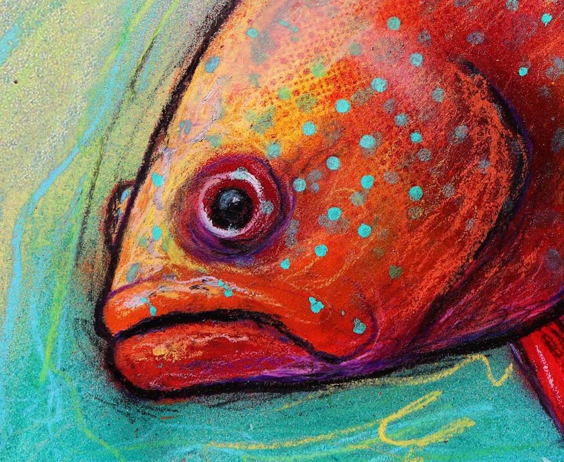 Red Mixed Media Fish Coral Grouper Fish Painting Oil Pastel Grouper ...
