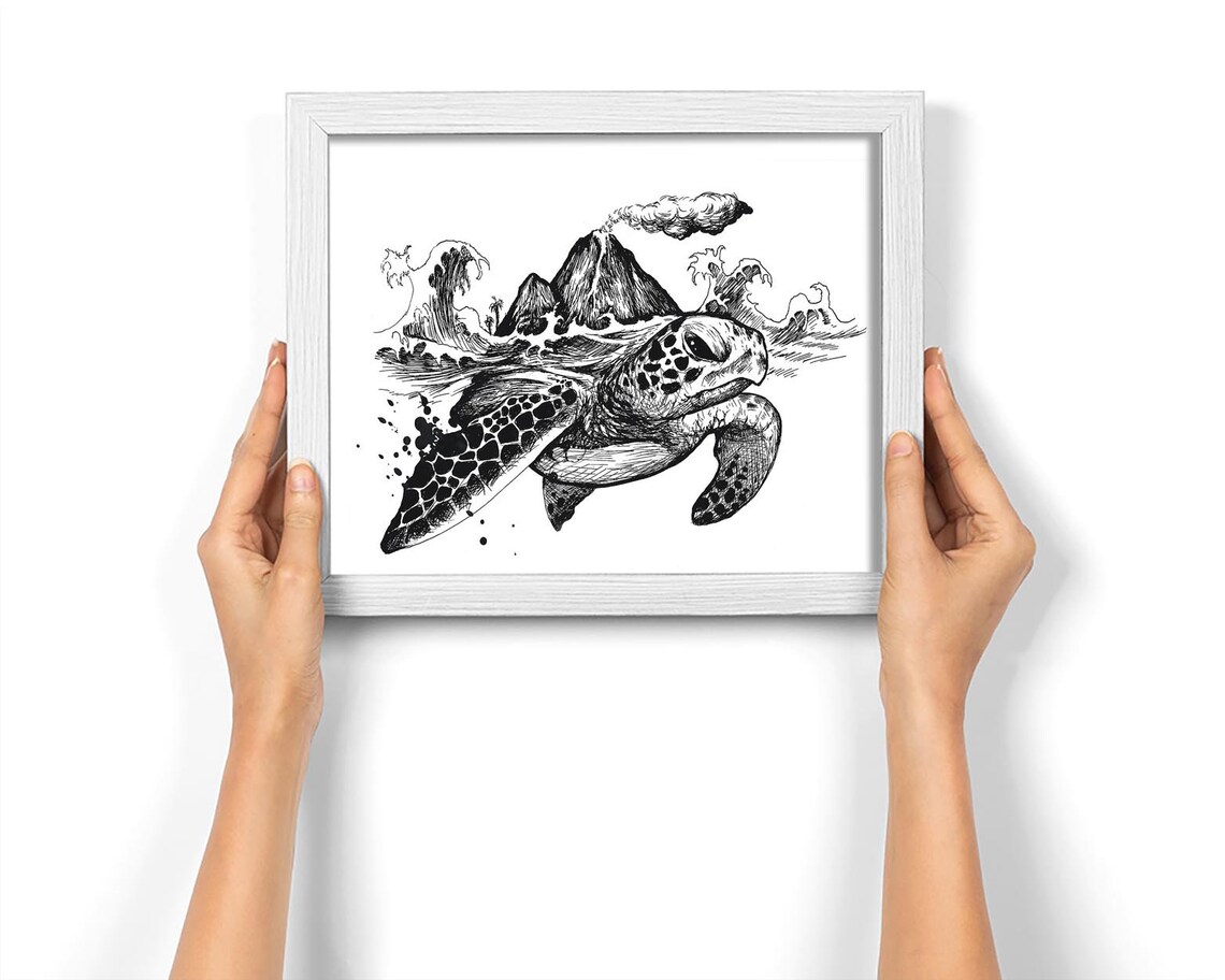 Sea Turtle Ink Drawing for Home or Office Turtle Ink Print Wall Decor ...