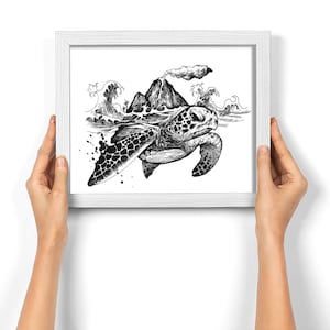 Sea Turtle Ink Drawing for Home or Office Turtle Ink Print Wall Decor ...