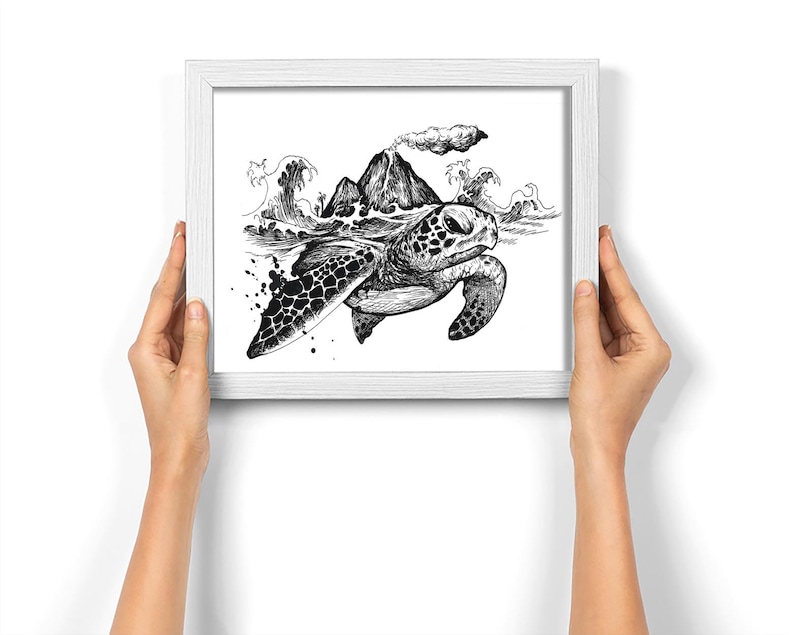 Sea Turtle Ink Drawing for Home or Office Turtle Ink Print Wall Decor ...