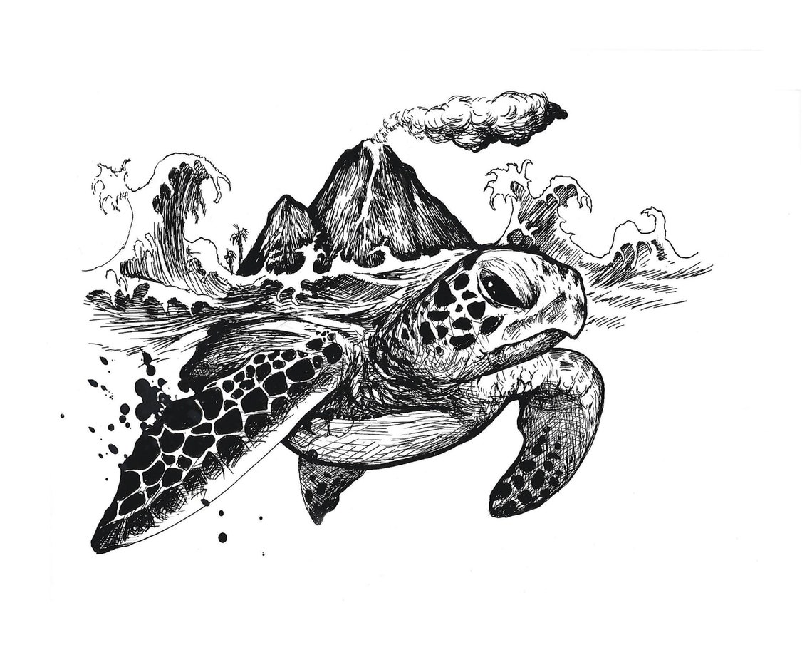 Sea Turtle Ink Drawing for Home or Office Turtle Ink Print Wall Decor ...