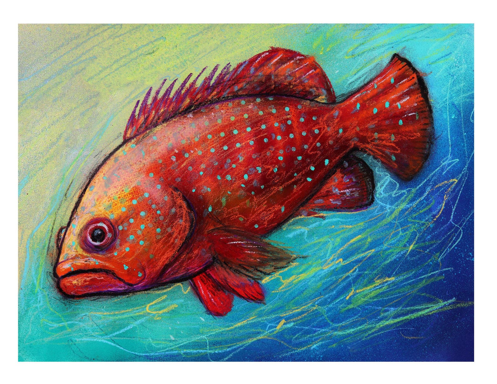 Red Mixed Media Fish Coral Grouper Fish Painting Oil Pastel Grouper ...