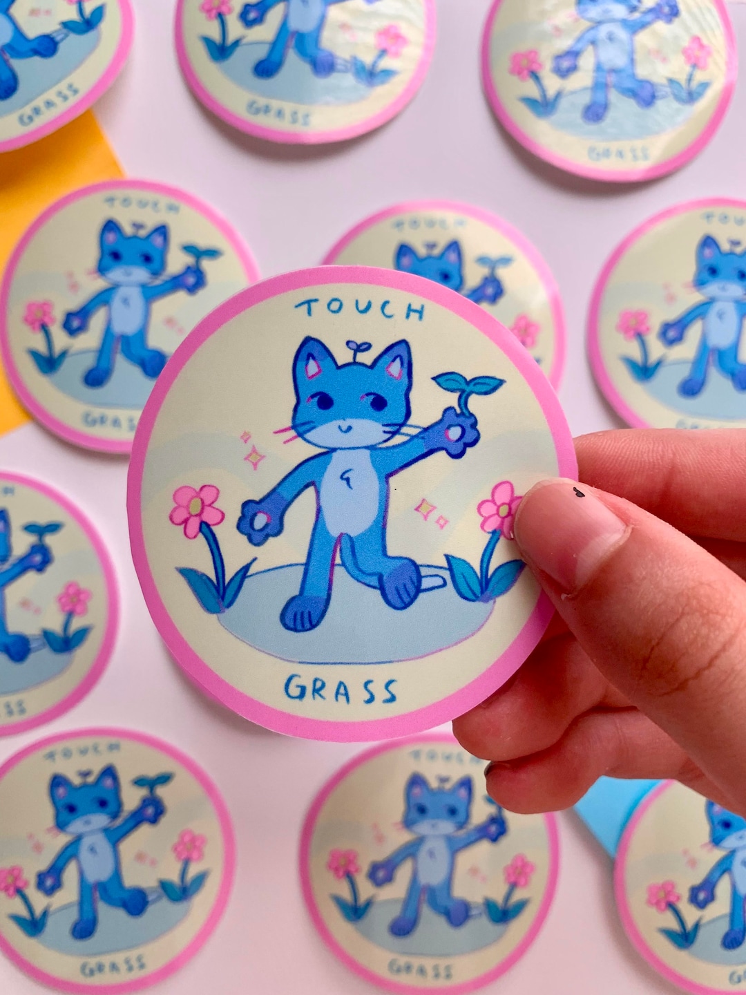 Touch Grass Funny Silly Cat Message - Circle Sticker - Etsy