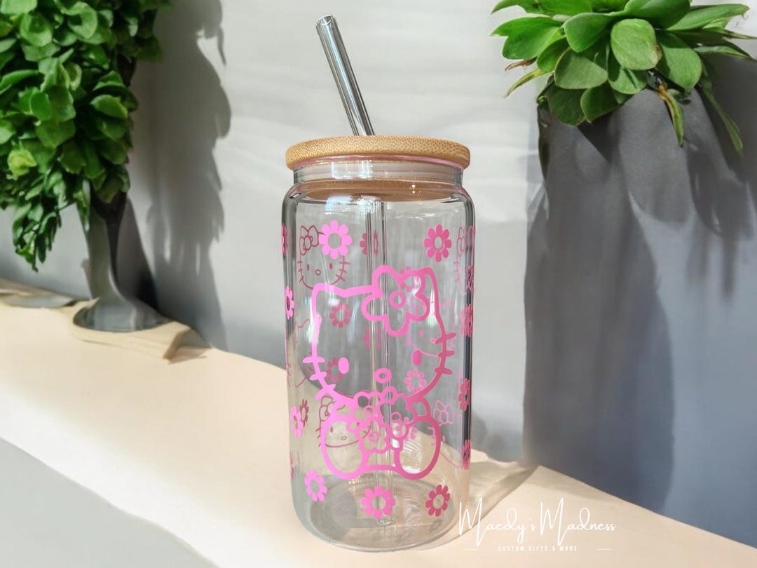 HK Cute Pink 16 Oz Glass Cup, Pink Kawaii Glass Cups, Cute Cat Iced ...