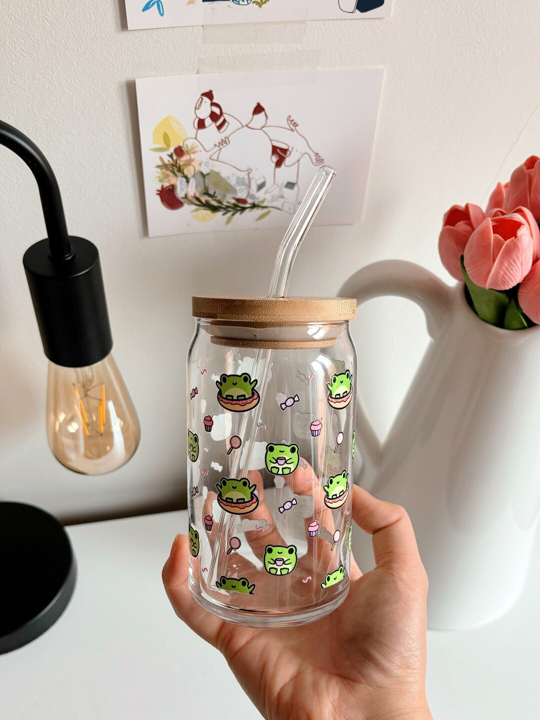 Iced Coffee Cup 16oz Frog Doughnut Frog Lover Gift Kawaii Glass Cup ...