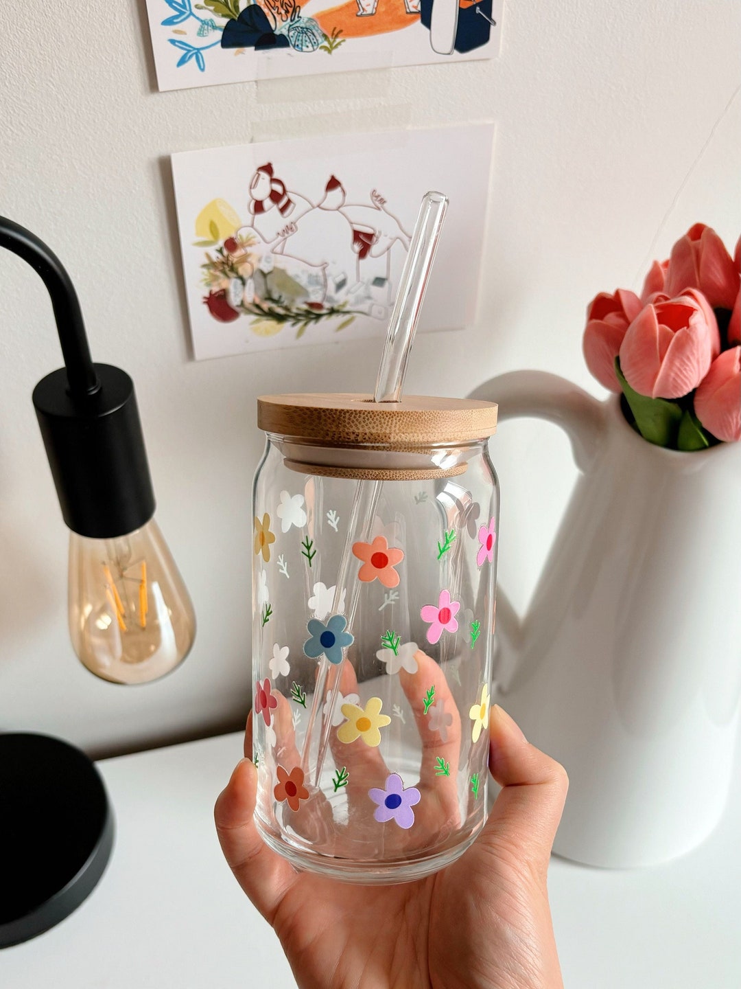 Iced Coffee Cup 16oz Daisy Flower Retro Floral Design Summer Aesthetic ...
