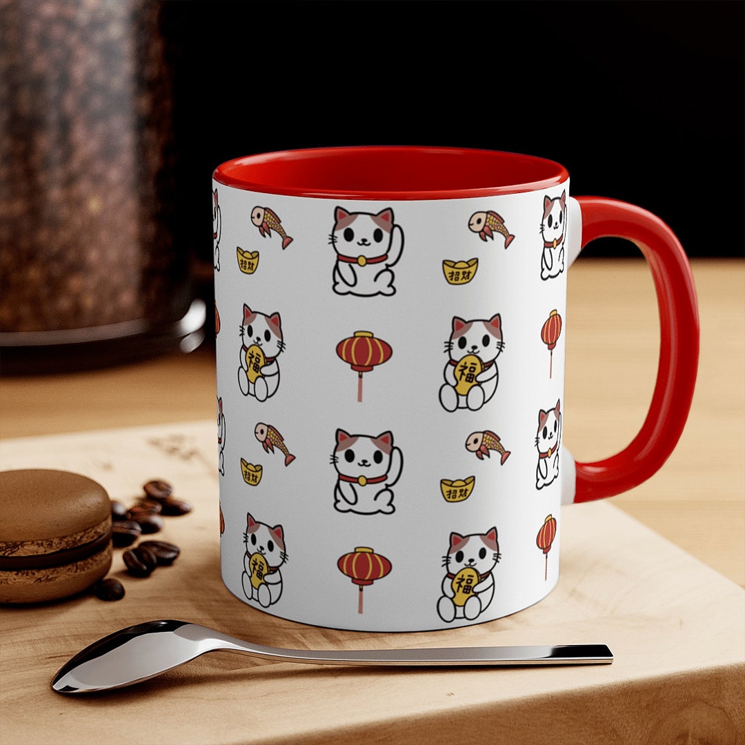 Maneki Neko Mug Lucky Cat Mug Chinese Japanese Waving Good Luck Cat Mug ...