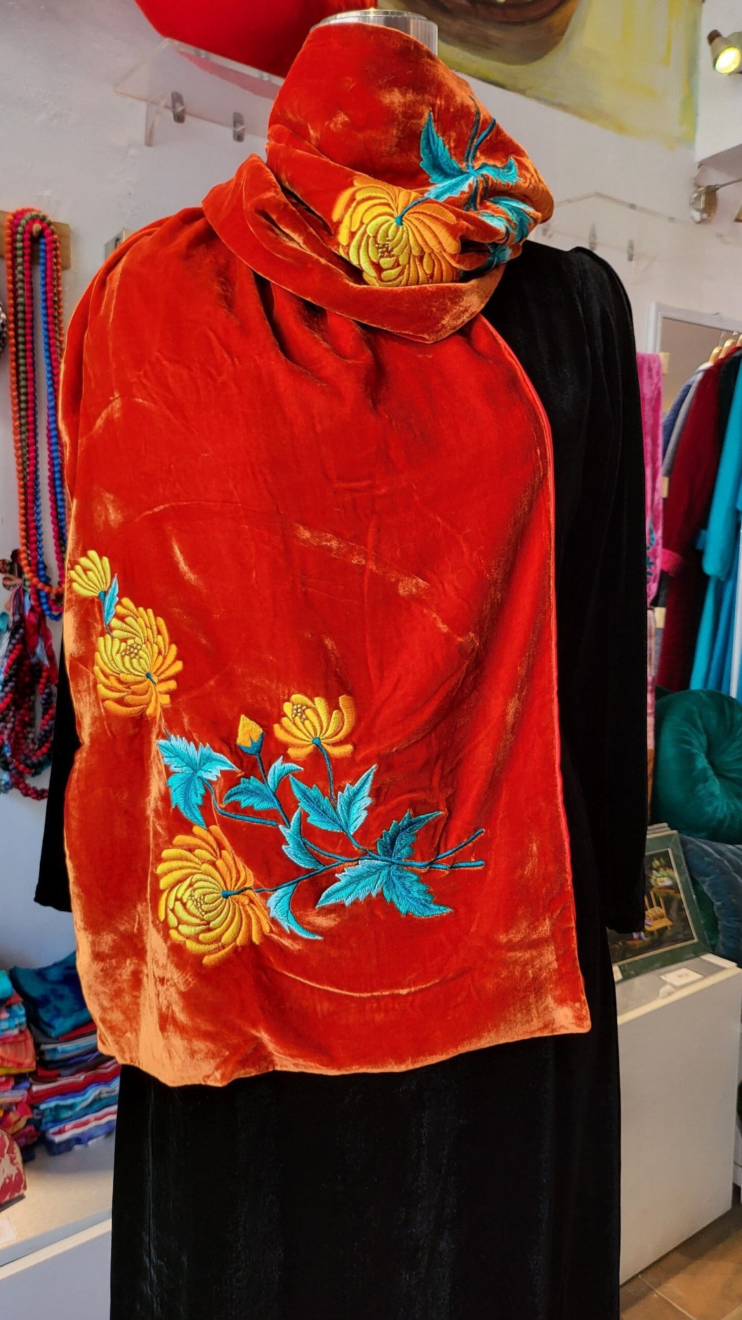 Embroidered Silk Velvet Shawl for Women, Luxury Wrap With Flower ...