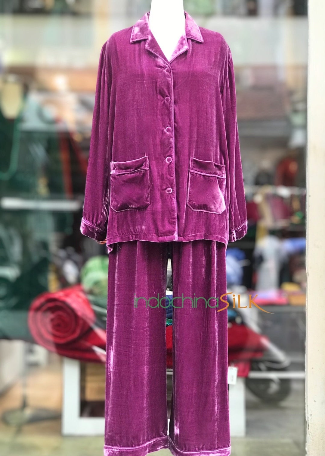 Luxury Silk Velvet Pyjama Set With Long Sleeve and Long Pants for Women ...