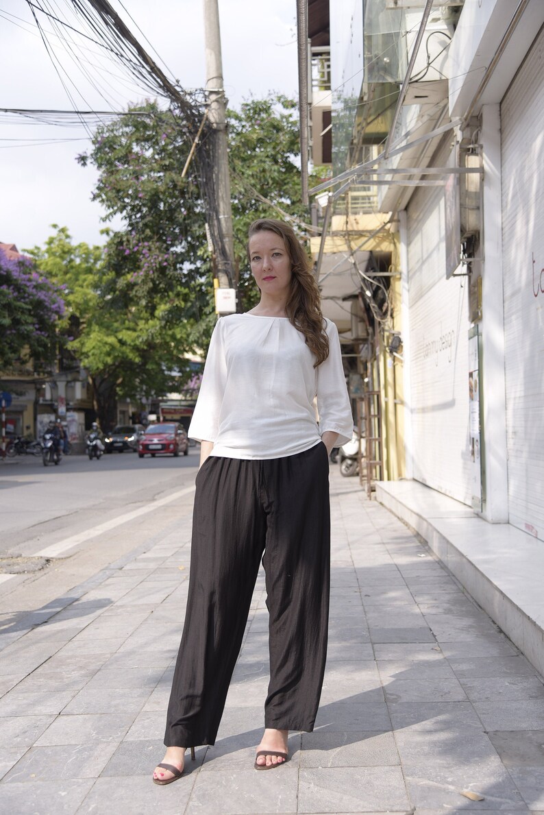 Long Black Silk and Linen Pants for Women, Soft Linen Trousers, Elastic ...