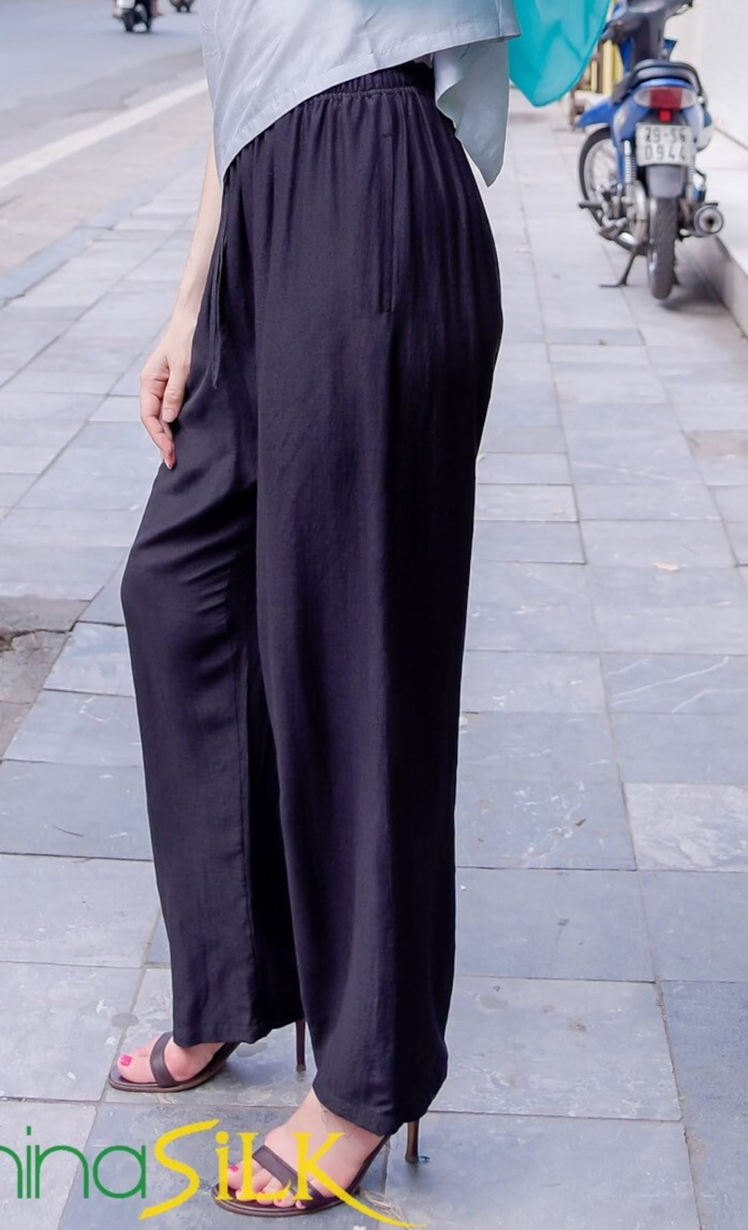 Long Black Silk and Linen Pants for Women, Soft Linen Trousers, Elastic ...