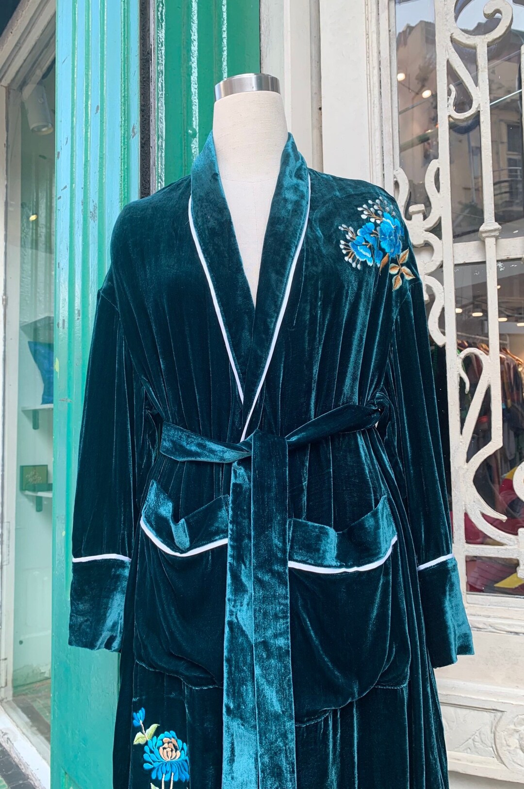 Luxury Embroidery Robe With Pockets, Silk Velvet Kimono, Long Duster ...