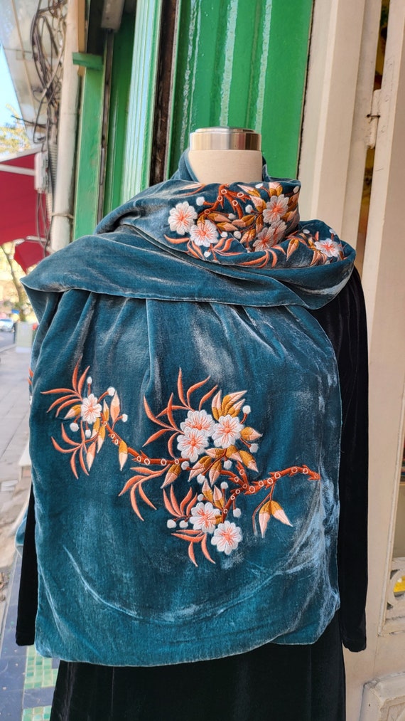 Embroidered Silk Velvet Shawl for Women Luxury Wrap With - Etsy