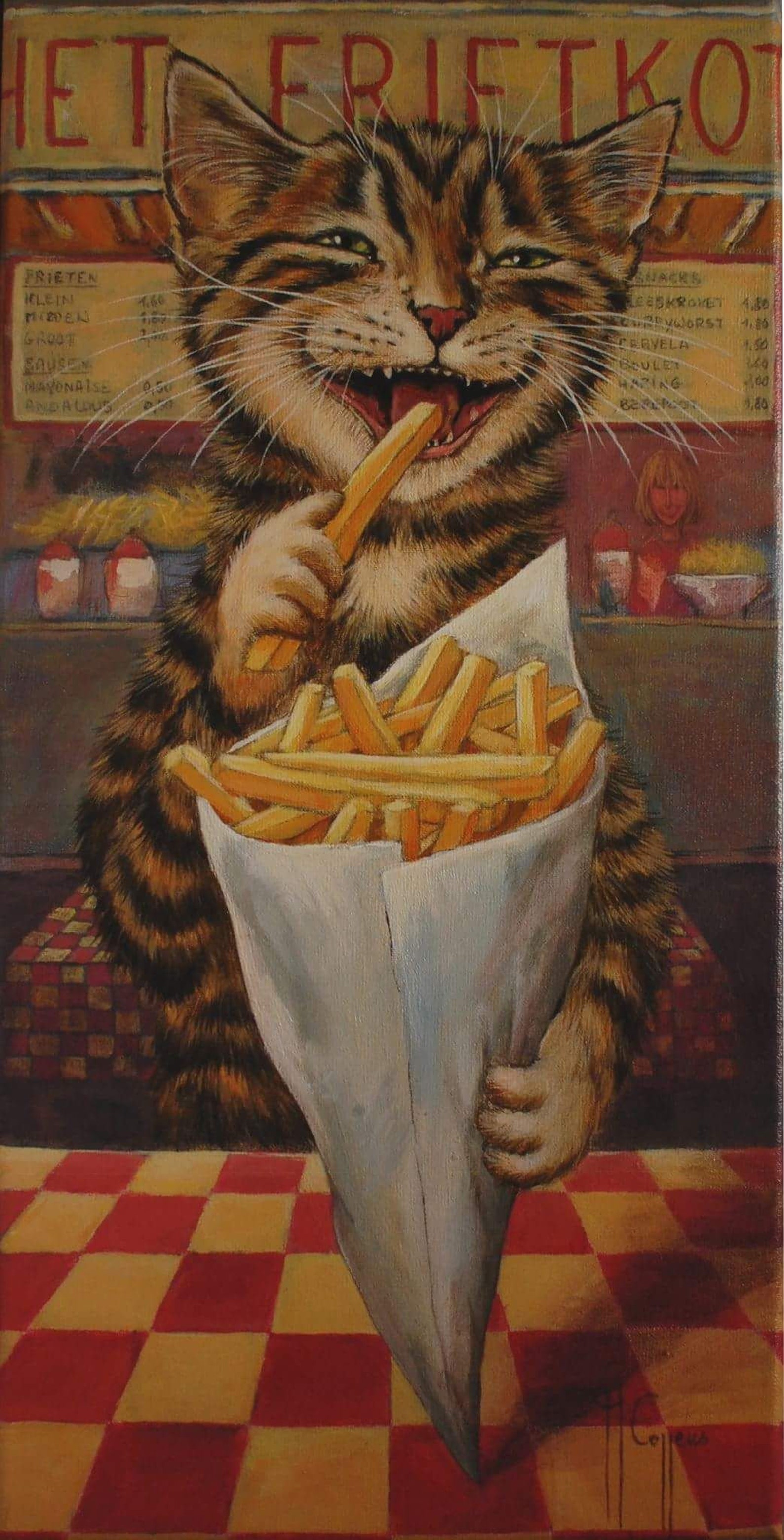 Gato Comiendo Póster De Papas Fritas Etsy