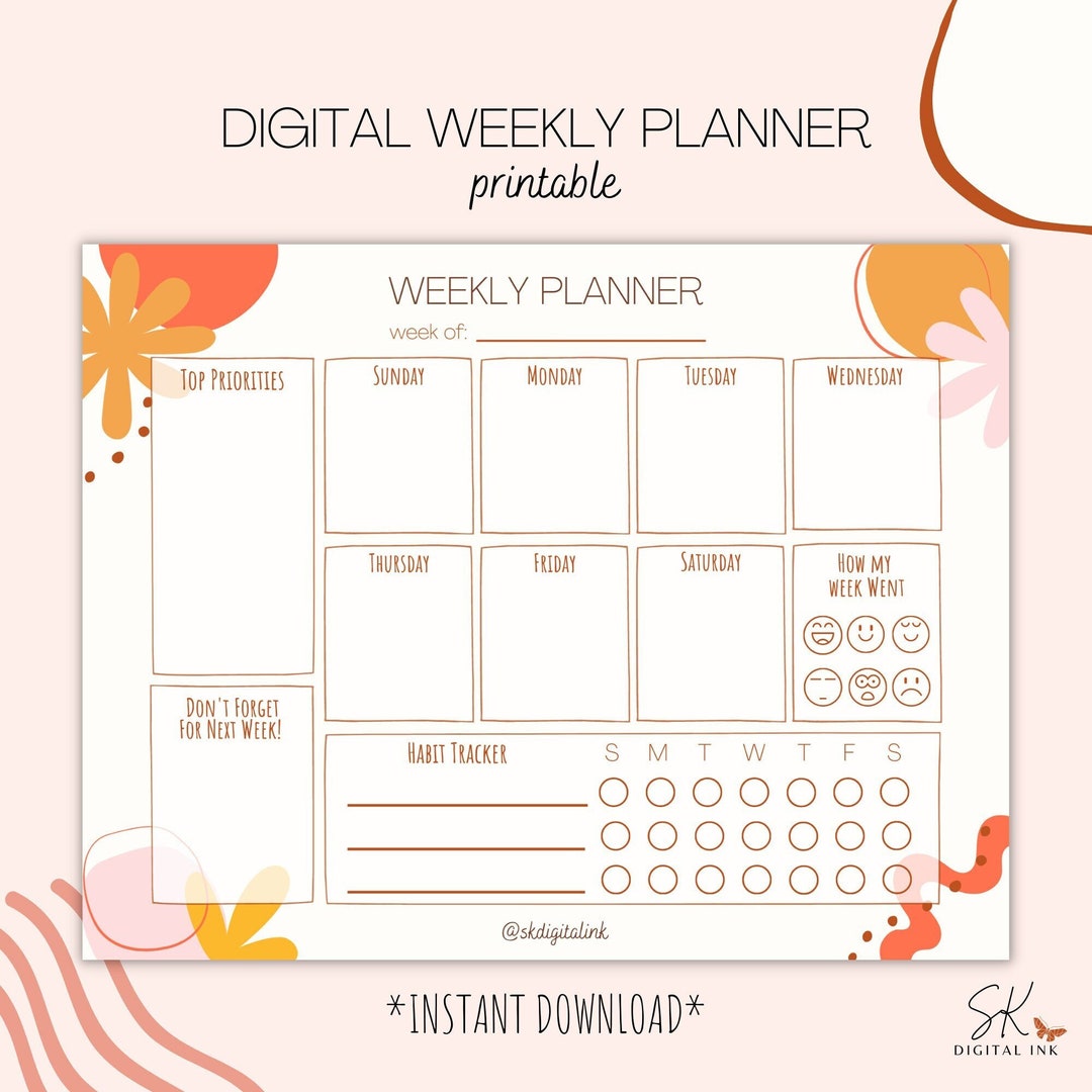 Weekly Planner. Digital. Instant Download. Printable. Weekly Schedule ...