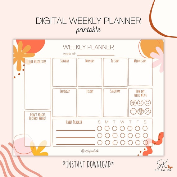 Weekly Planner. Digital. Instant Download. Printable. Weekly - Etsy