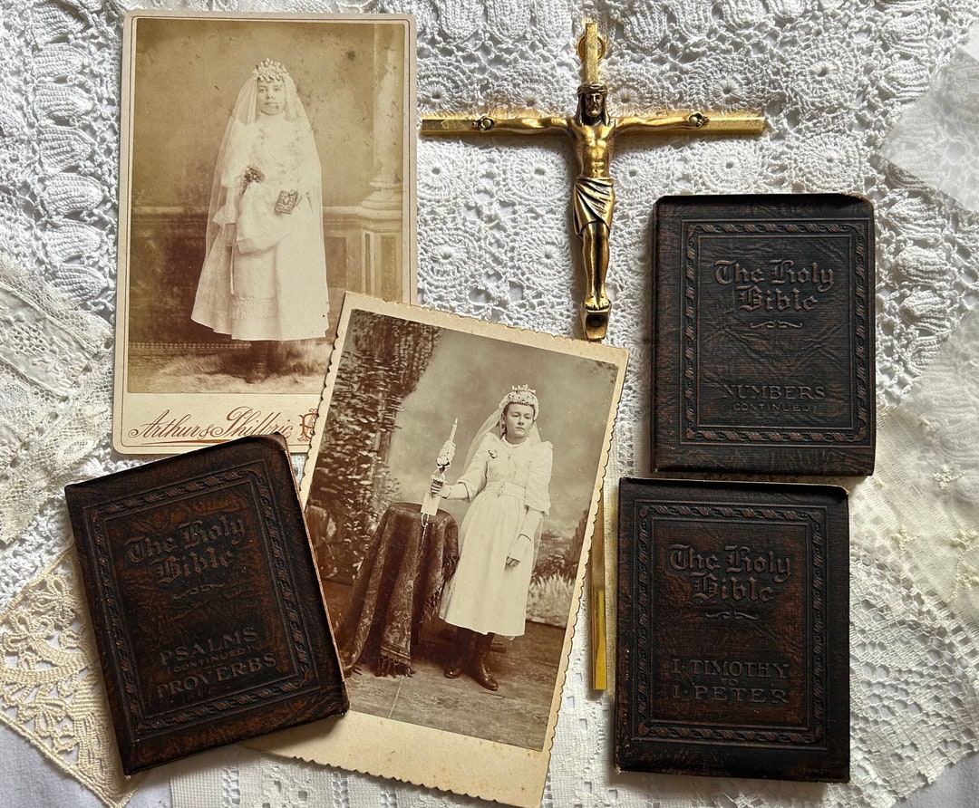 First Communion Cabinet Cards, Vintage Crucifix, and Antique Bible ...